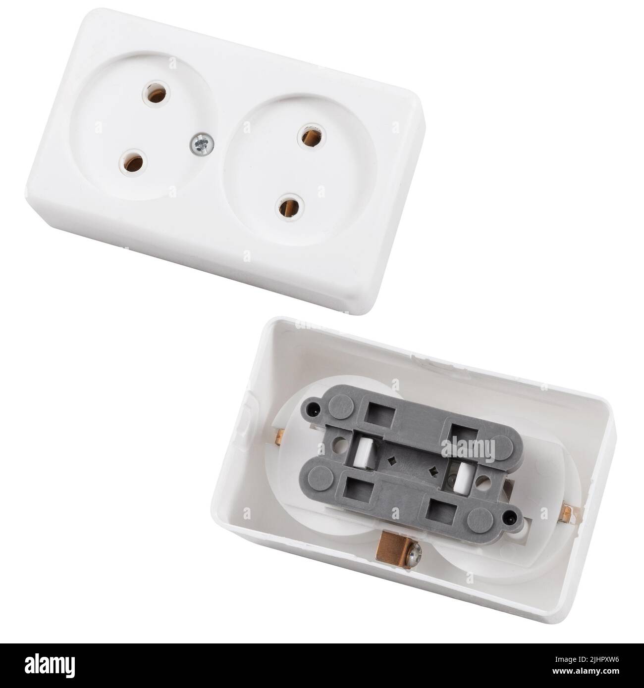 Electric built-in(flat) white socket for 2 connectors isolated on a ...