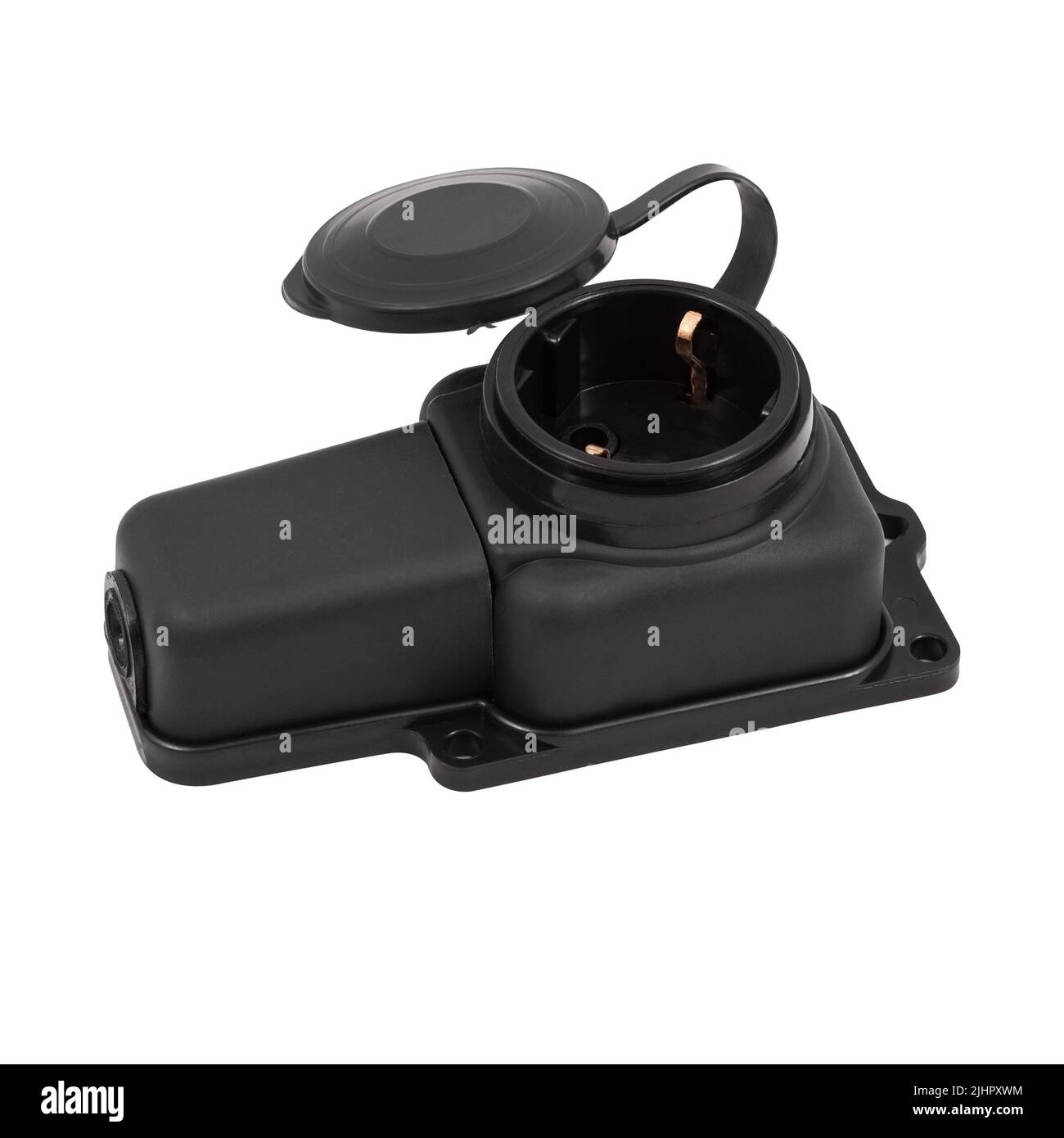 Protected socket with a cover and grounding isolated on a white ...