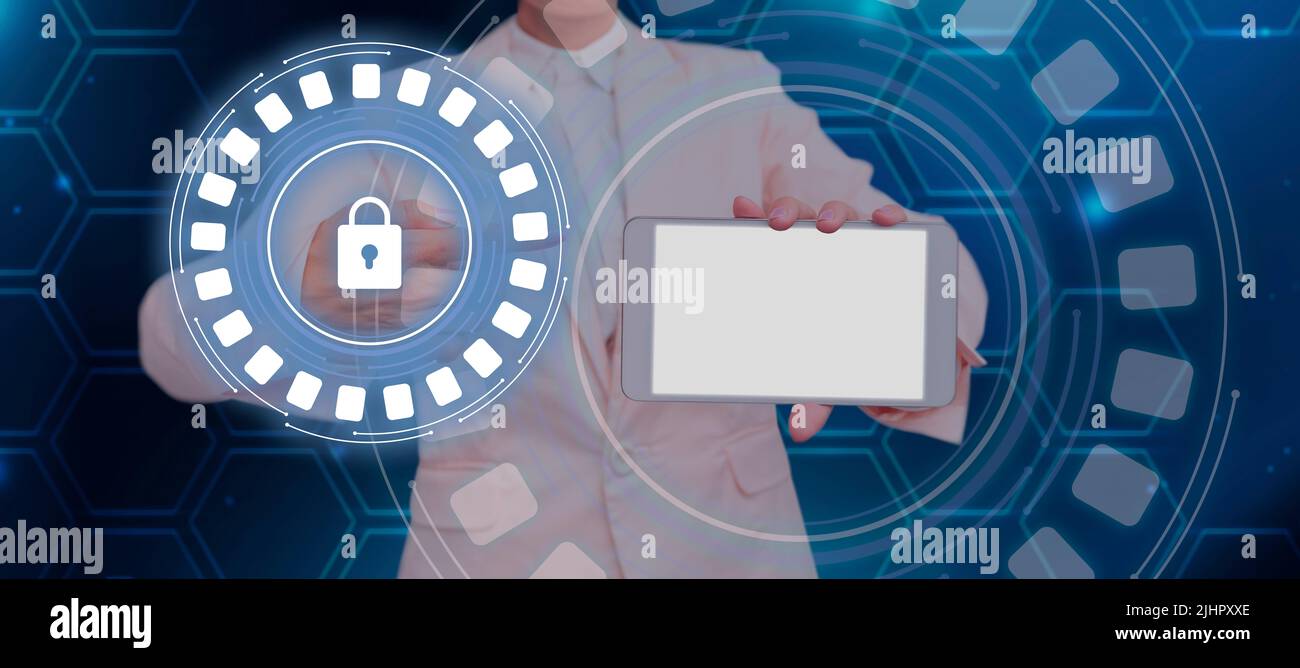 Businessman Holding A Pad And Displaying A Digital Lock In A Futuristic ...