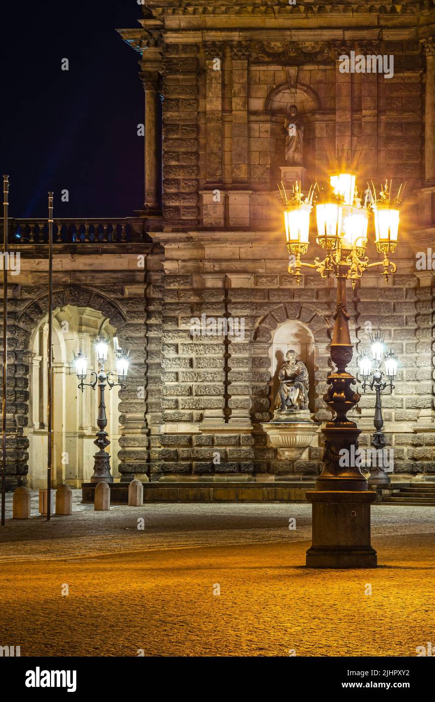 The illuminated world famous Semper Opera House at night, Theater ...