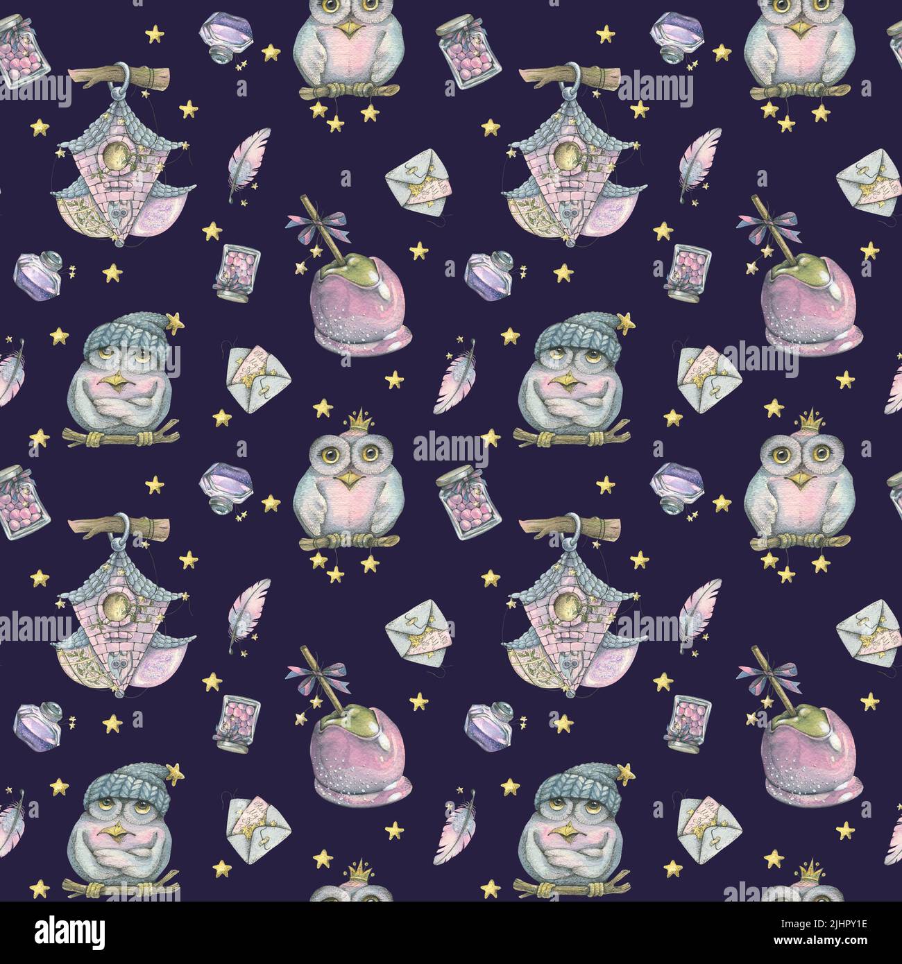 Magic owls with a house, sweets and letters. A fabulous, cute children ...