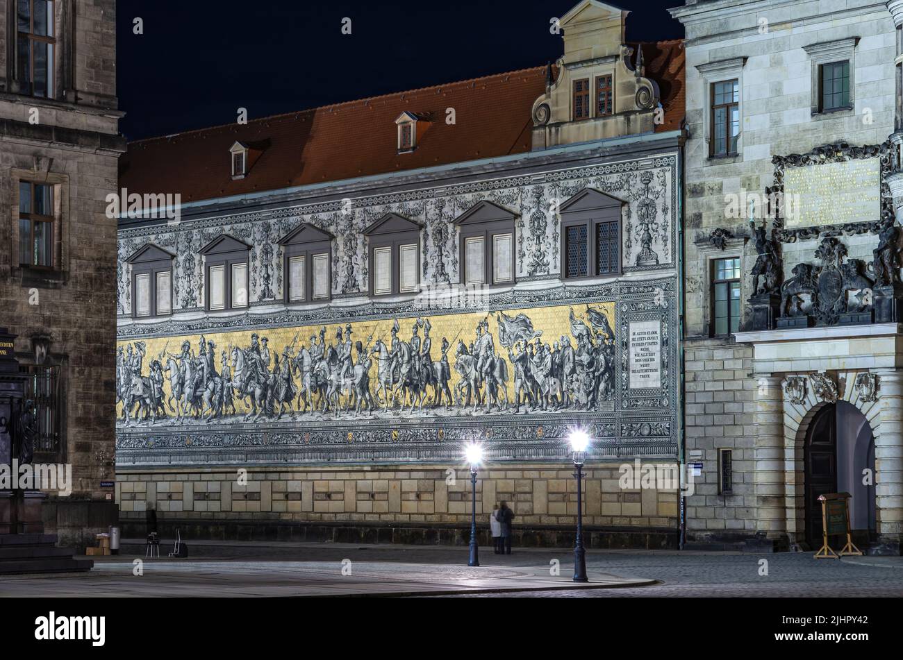 Dresden, Saxony, Germany: Nightly view over Palace Square to the famous ...