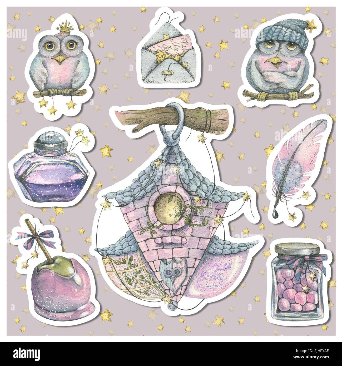 Template for a set of magic words stickers with a house, sweets and ...