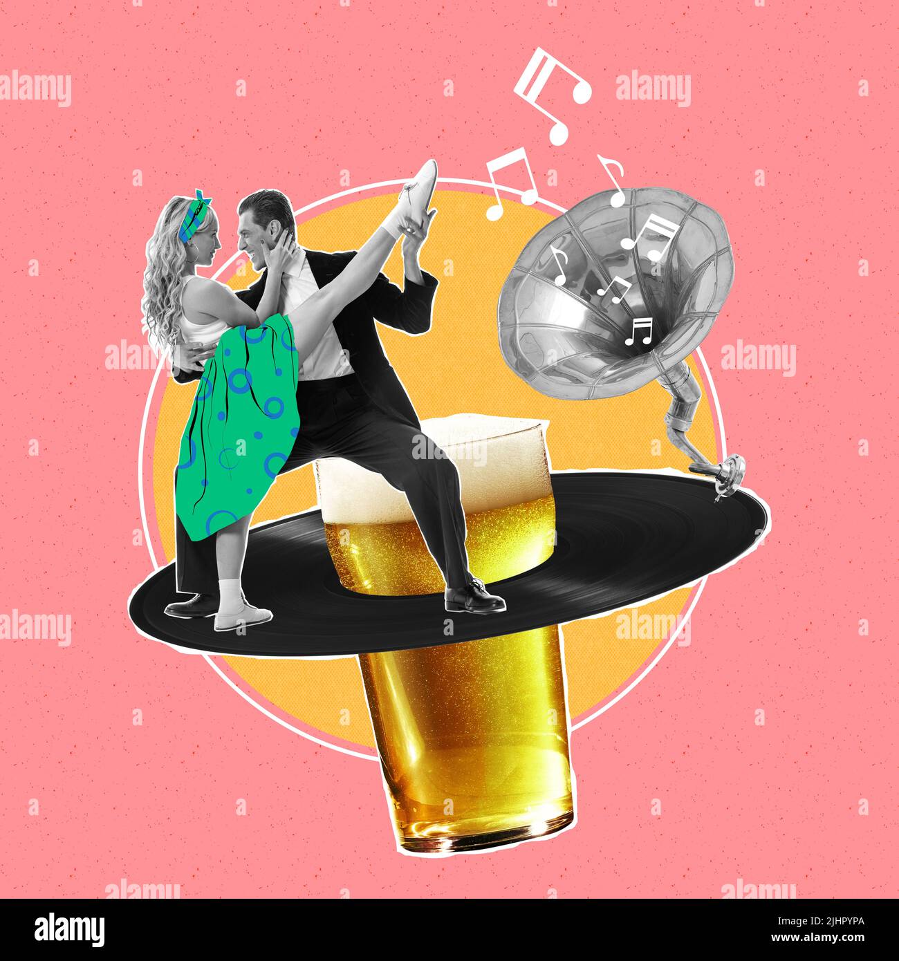 Contemporary art collage. Creative design. Young man and woman dancing ...