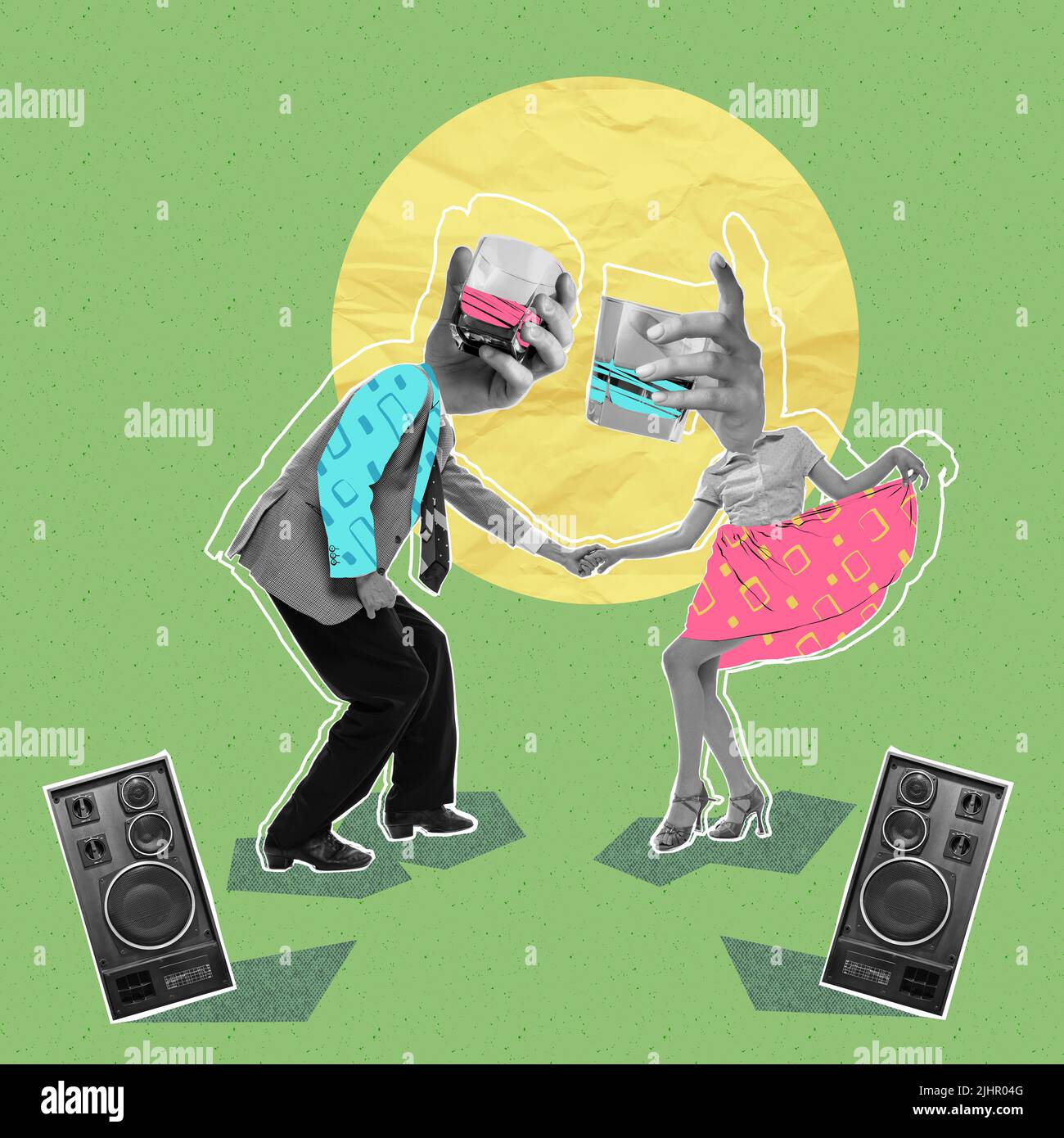 Contemporary art collage. Man and woman in vintage outfits dancing ...