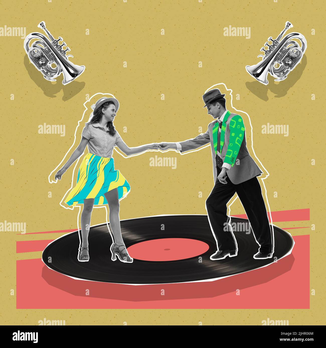 Contemporary art collage. Creative design. Beautiful couple dancing ...