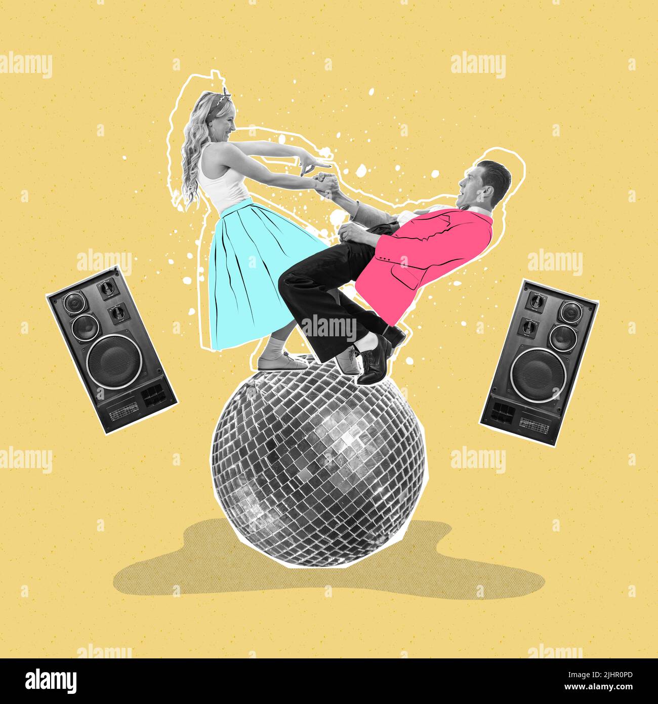 Contemporary art collage. Creative design. Stylish couple dancing at ...