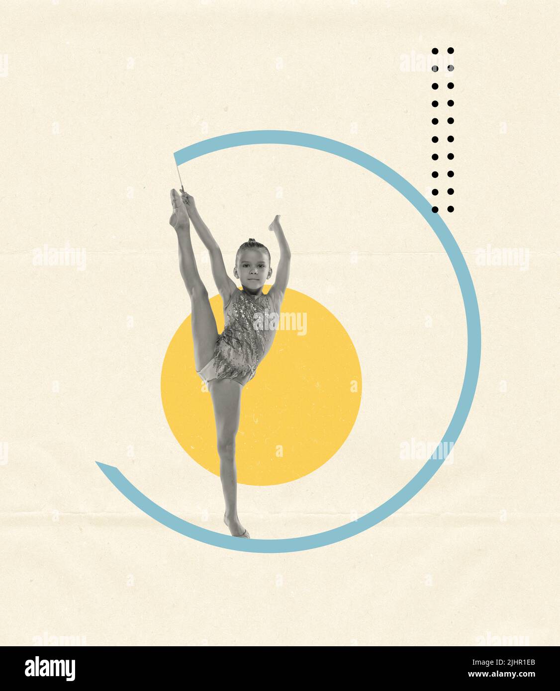 Creative design. Little girl, rhytmic gymnast training, exercising with ...