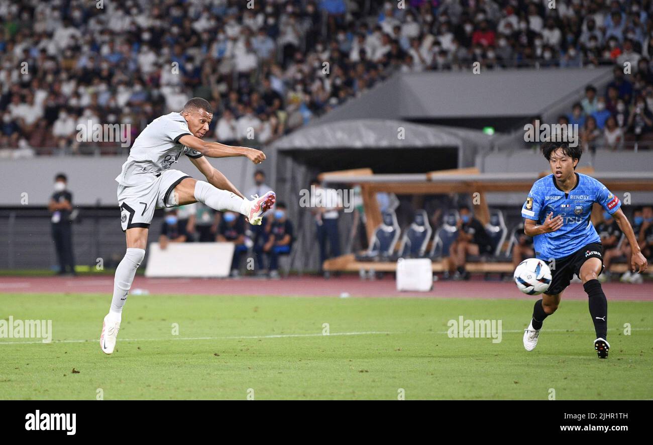 Paris Saint-Germain's Kylian Mbappe shoots during the first half of a ...