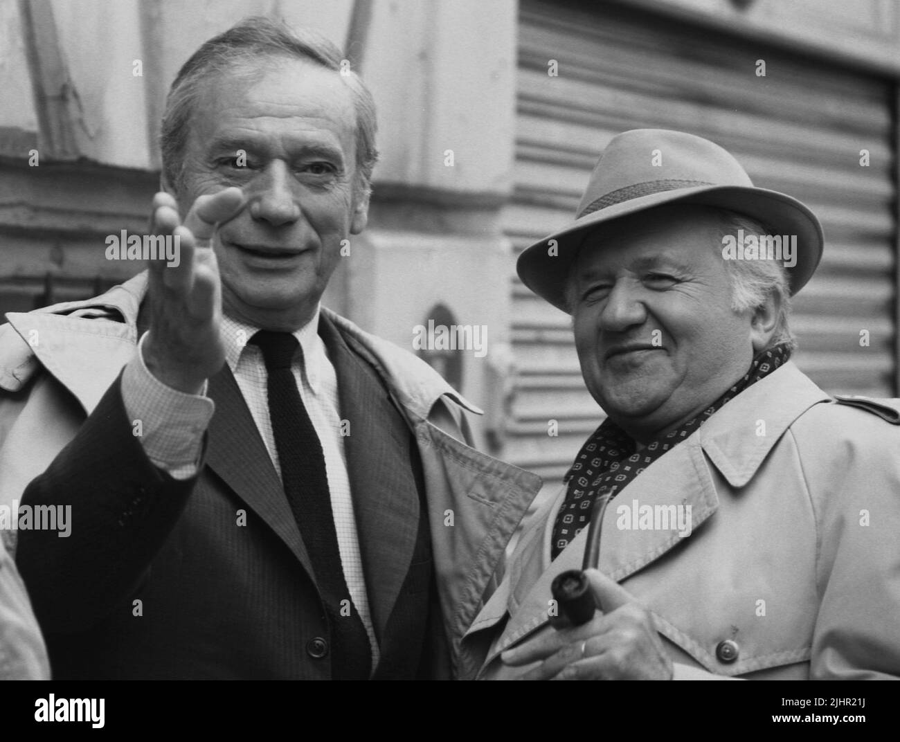 Portrait of French actors Yves Montand and Jean Richard in April 1985 ...