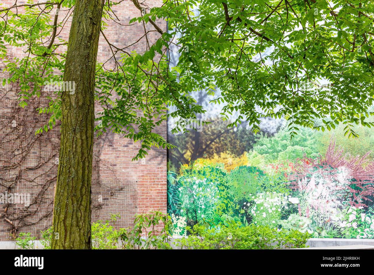 Mural representing a shrubbery, a real tree shading it. Brussels Stock ...
