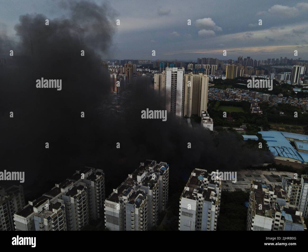 Aerial video taken on July 20, 2022 shows the scene of a fire in an ...