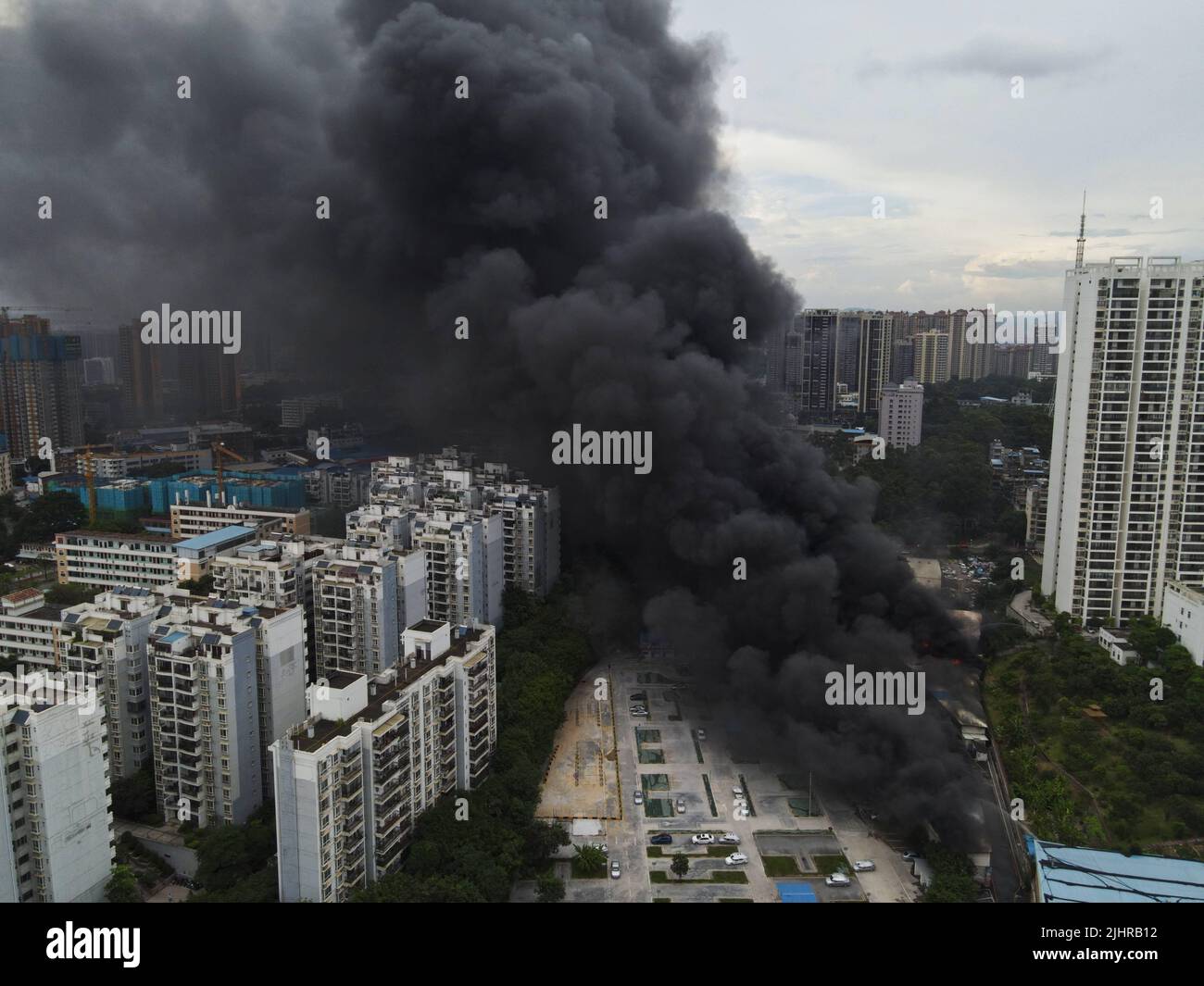 Aerial video taken on July 20, 2022 shows the scene of a fire in an ...