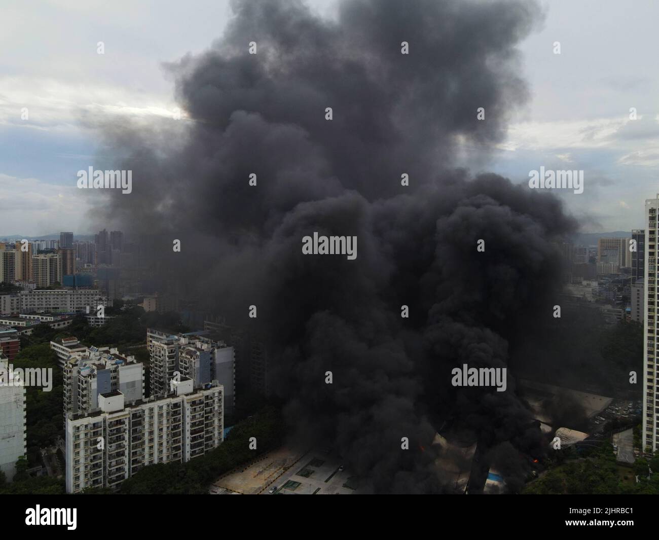 Aerial video taken on July 20, 2022 shows the scene of a fire in an ...