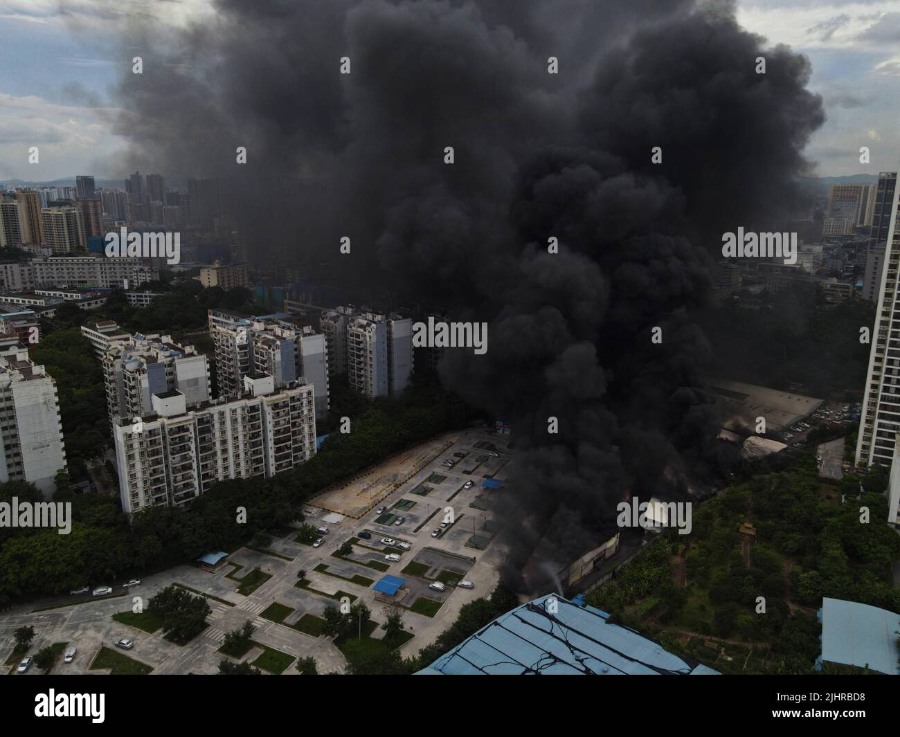 Aerial video taken on July 20, 2022 shows the scene of a fire in an ...