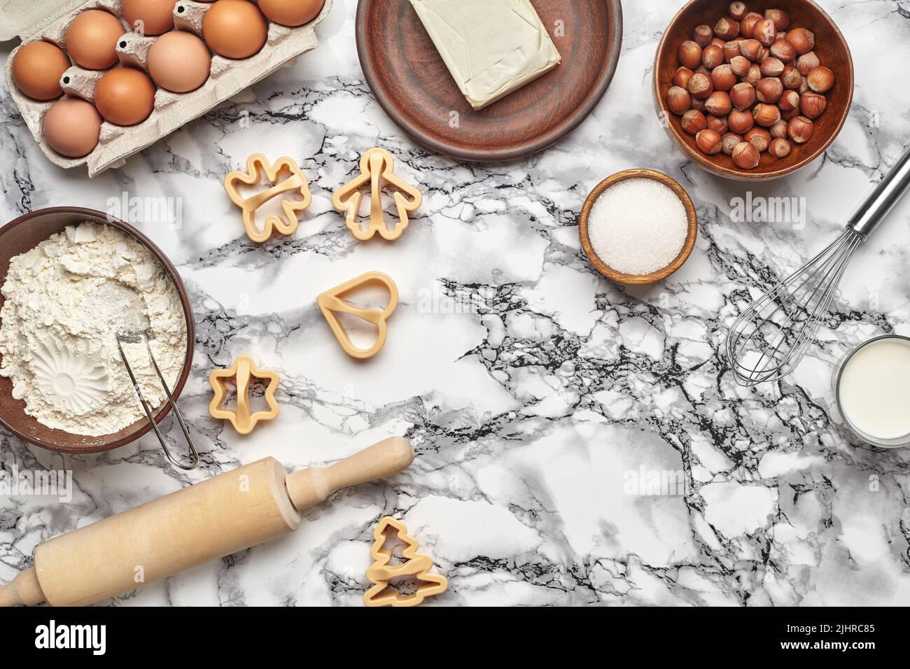 Close-up shot. Top view of a baking ingredients and kitchenware on the ...