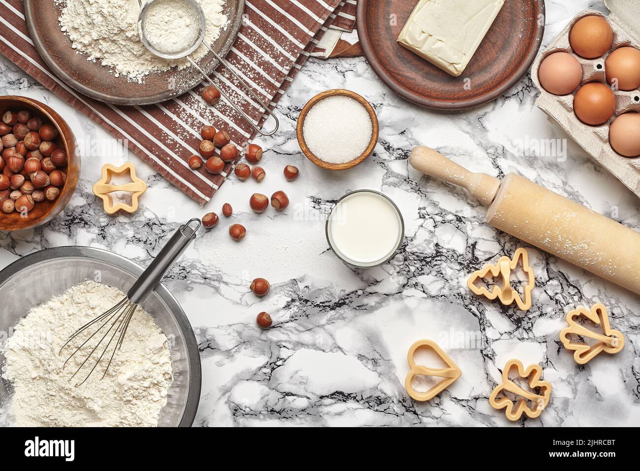 Close-up shot. Top view of a baking ingredients and kitchenware on the ...