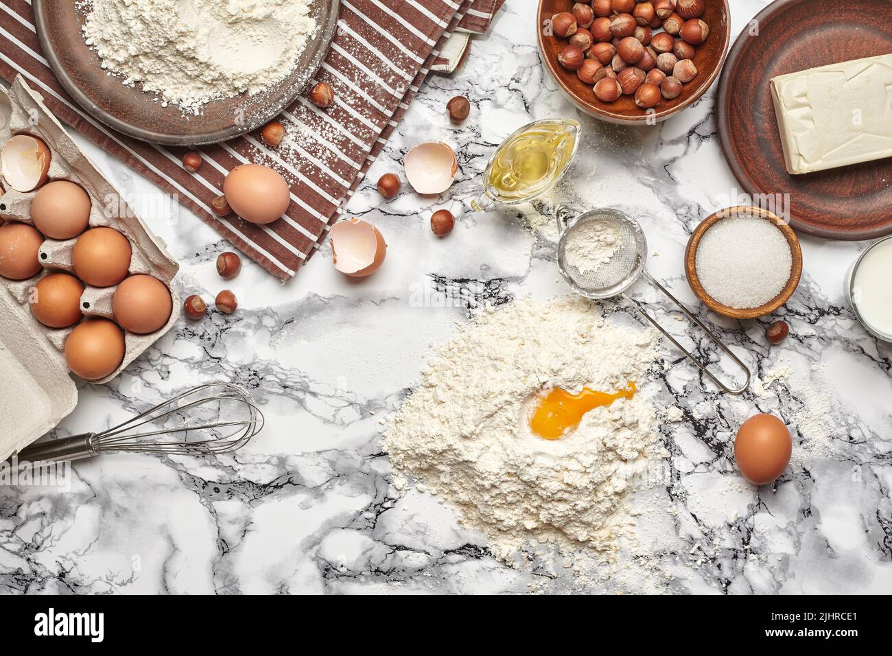 Close-up shot. Top view of a baking ingredients and kitchenware on the ...