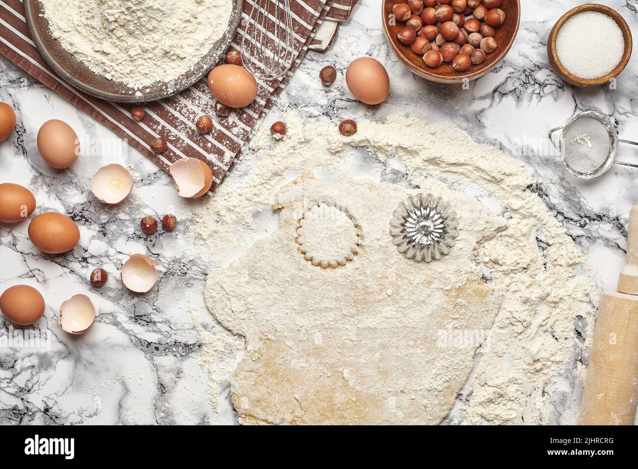 Close-up shot. Top view of a baking ingredients and kitchenware on the ...