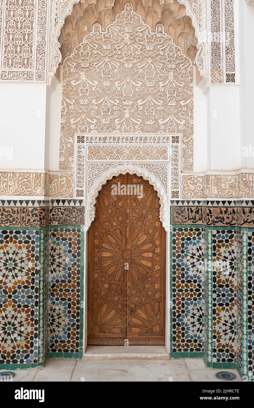 Ancient Moroccan building facade in Arabian style with closed wooden ...
