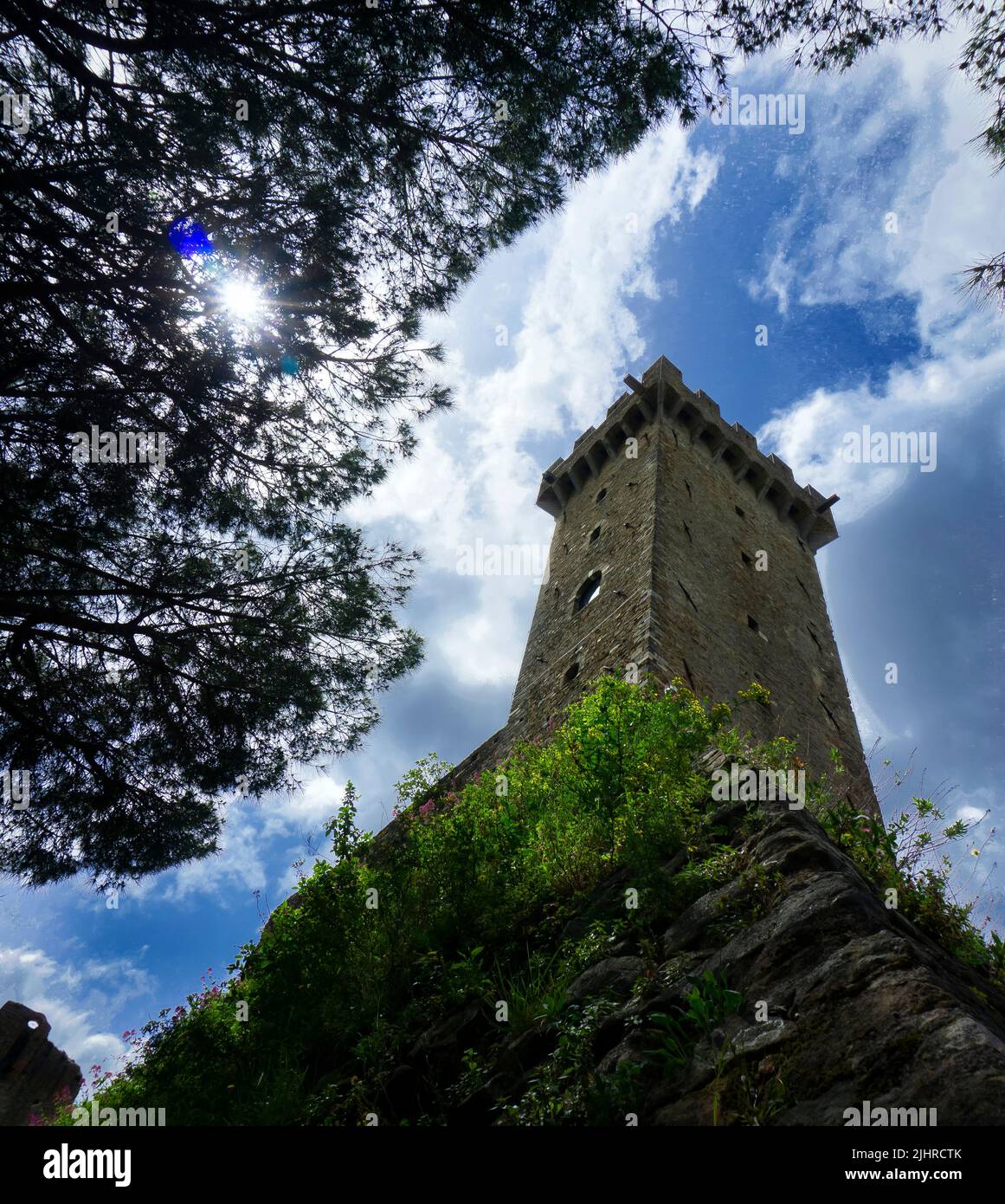 Castle tower of Castelnuovo Magra. Village on top of a hill near La ...