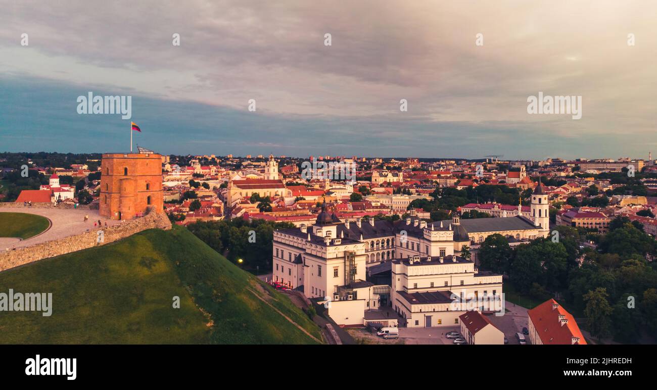 Aerial view famous Gediminas castle tower and Vilnius city panorama ...