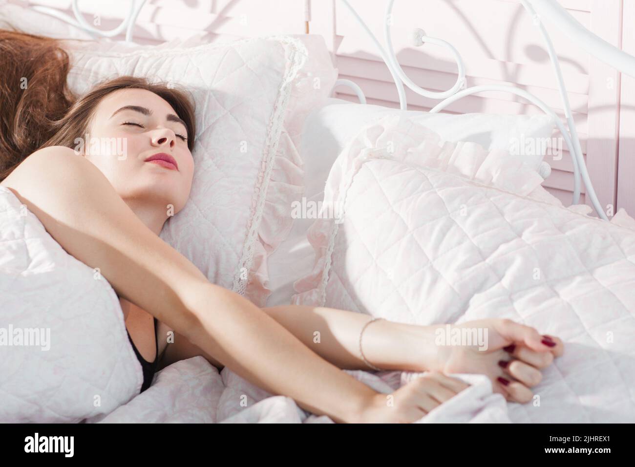Good rested woman waking up, free space Stock Photo - Alamy