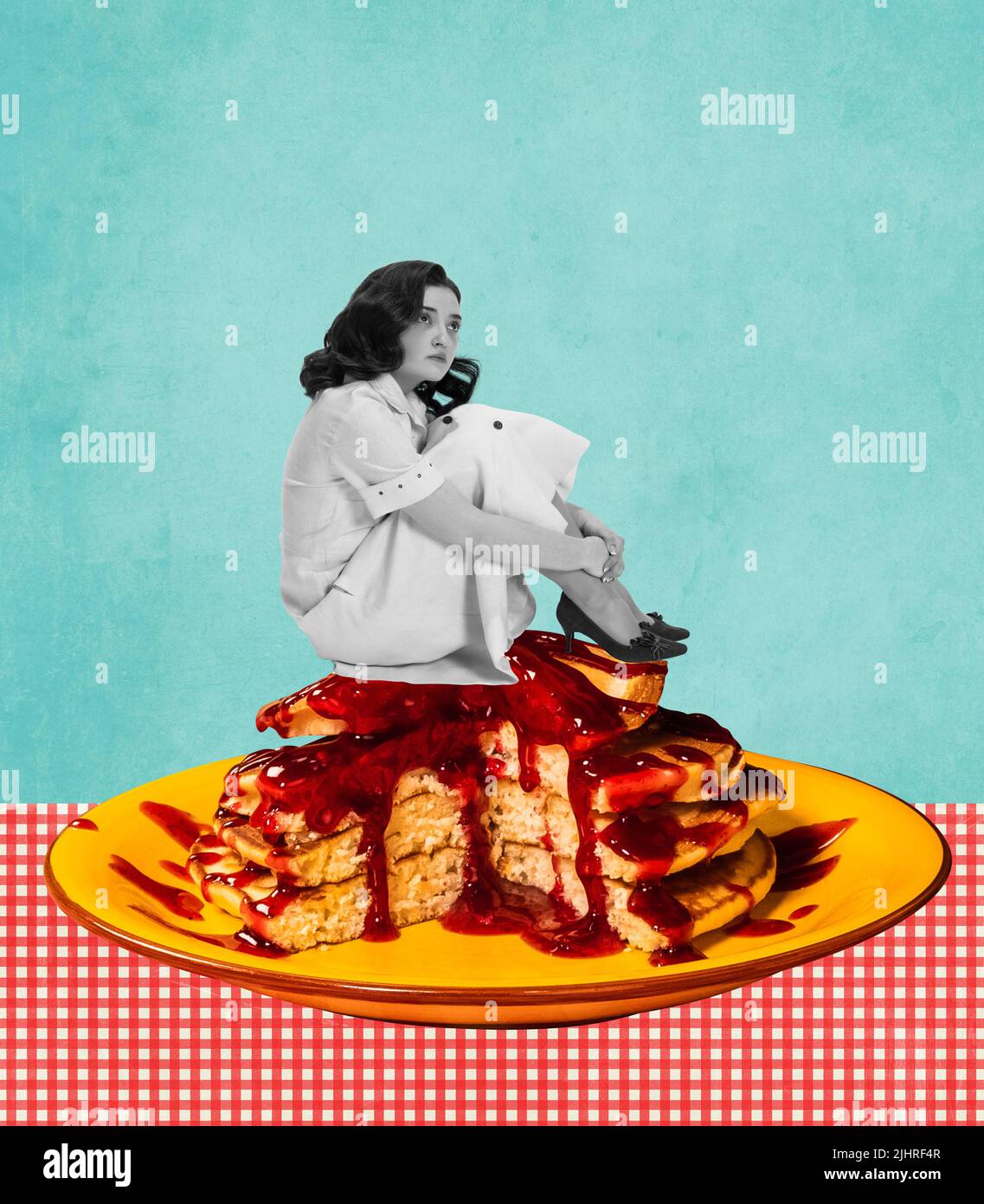 Contemporary art collage. Creative design. Desperate, sad woman sitting ...