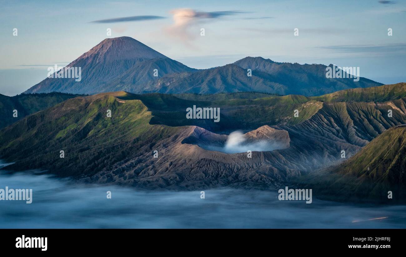 Beautiful scenery of Mount Bromo and Mount Semeru, Indonesia Stock ...