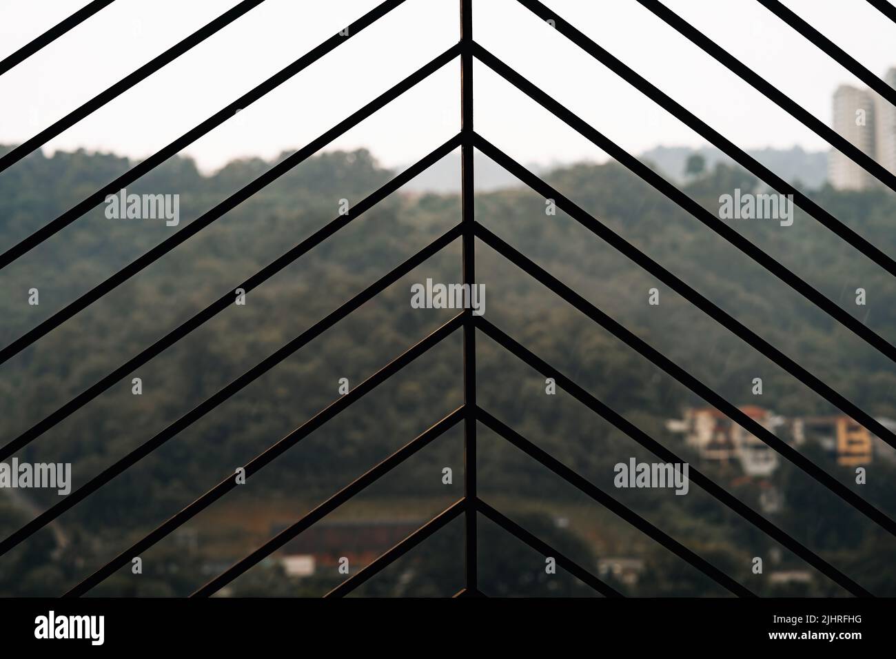 Close up iron bars or metal grating on window. Bright blurred outdoor ...