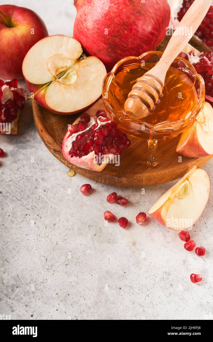 Rosh Hashanah. Pomegranate, apples and honey traditional products for ...