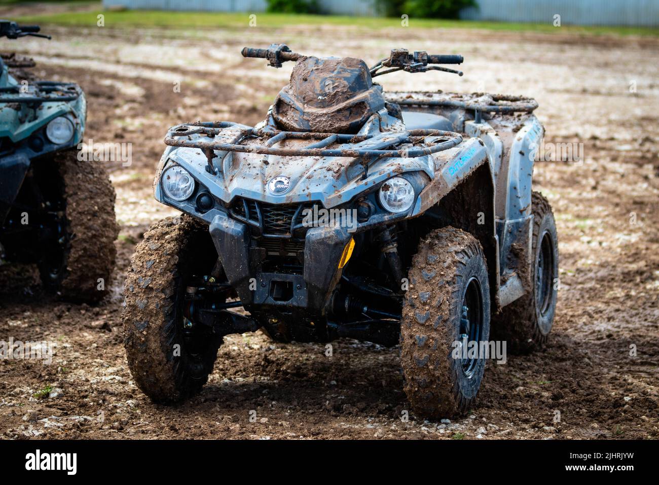 A muddy dirty blue ATV vehicle at Rock Fest in 2020 Stock Photo - Alamy