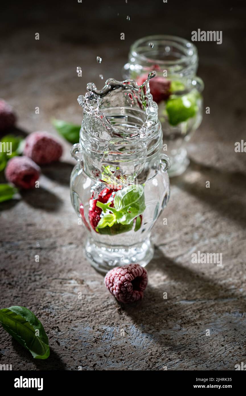 Fresh water with fruit and mint.Low fat drink and food.Juice in action ...