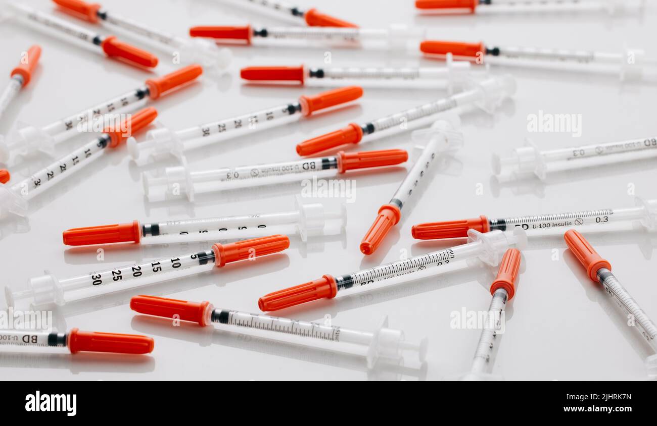 The war against drug abuse. Closeup shot of needles in an empty studio ...