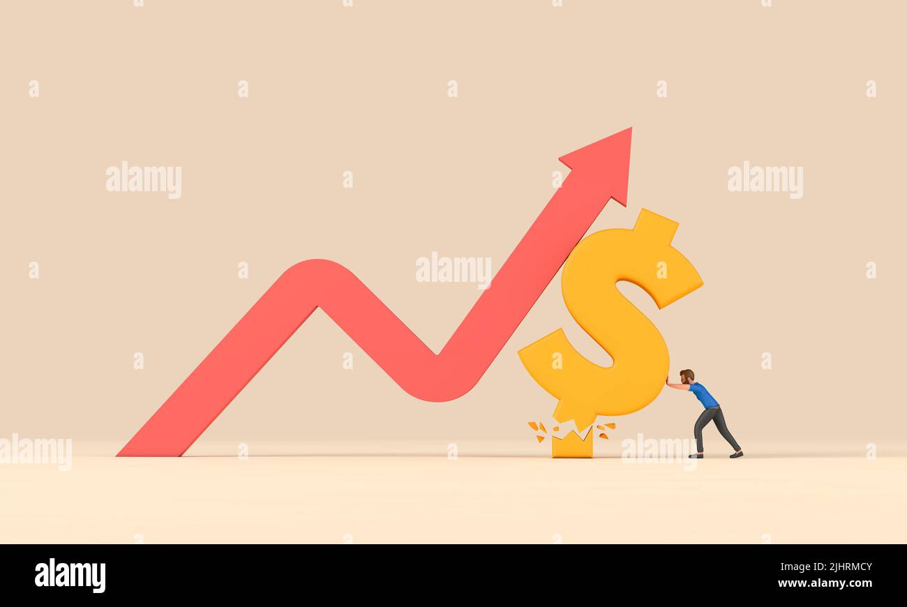 Dollar sign being hit by rising inflation held up by a businessman. 3D ...