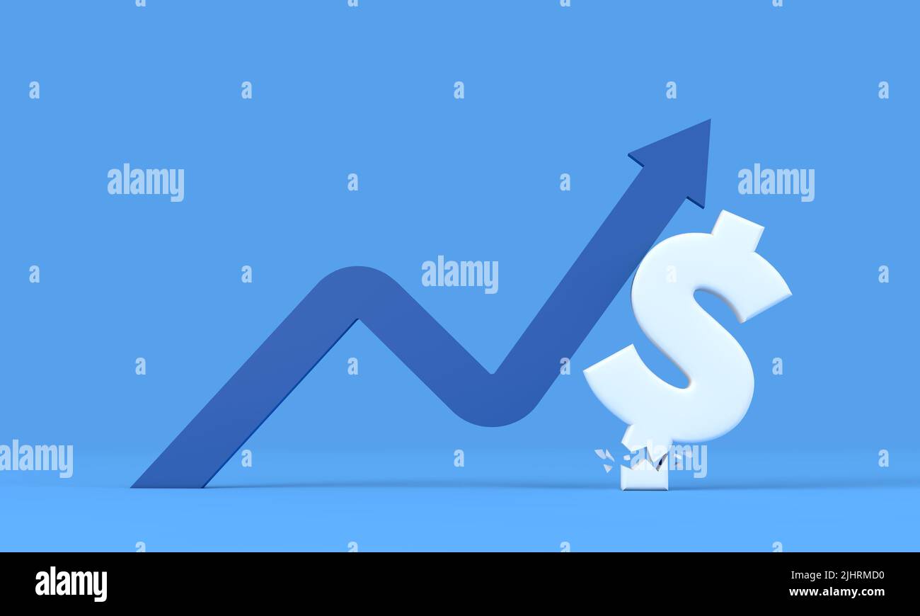 Dollar currency symbol being knocked over by a rising red inflation ...