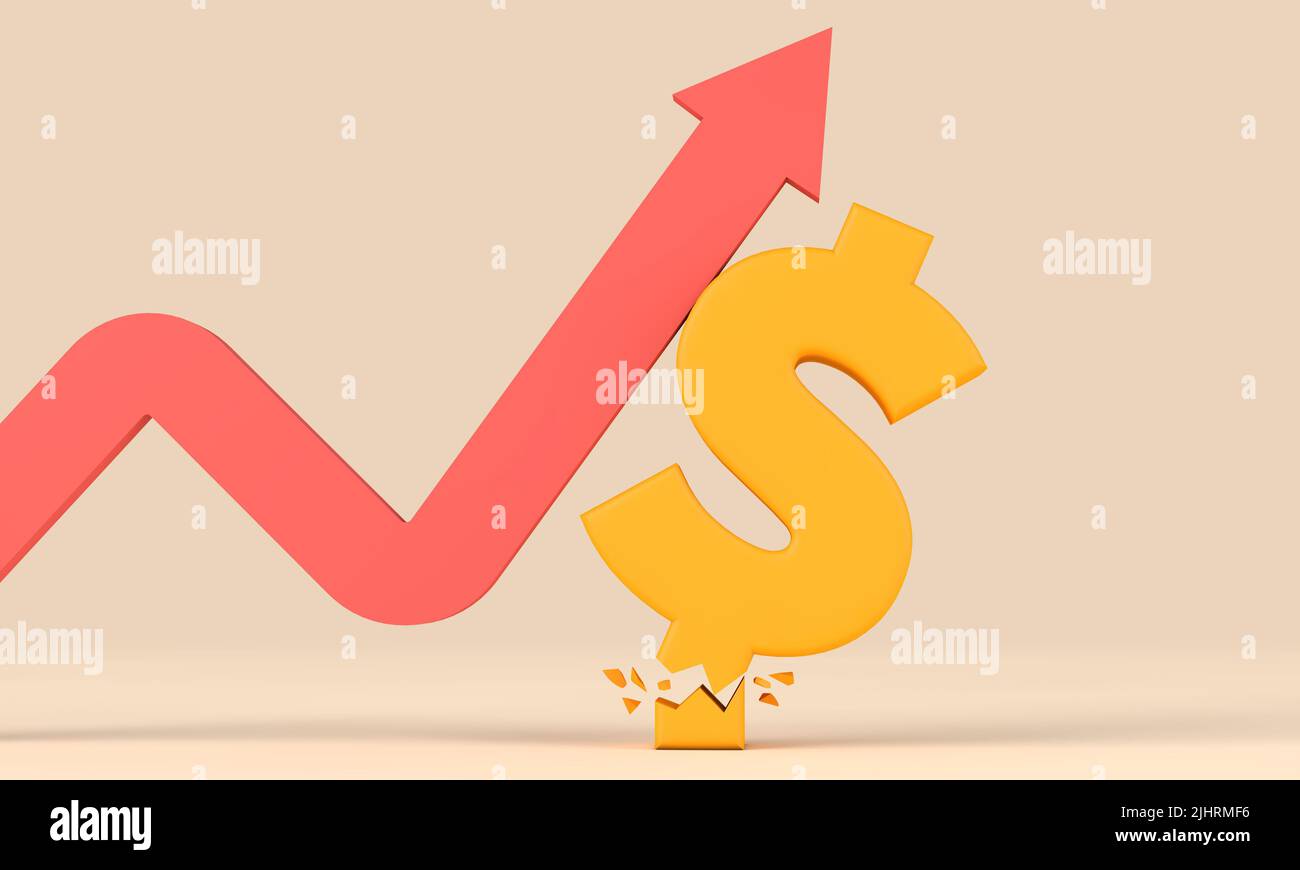 Dollar currency symbol being knocked over by a rising red inflation ...