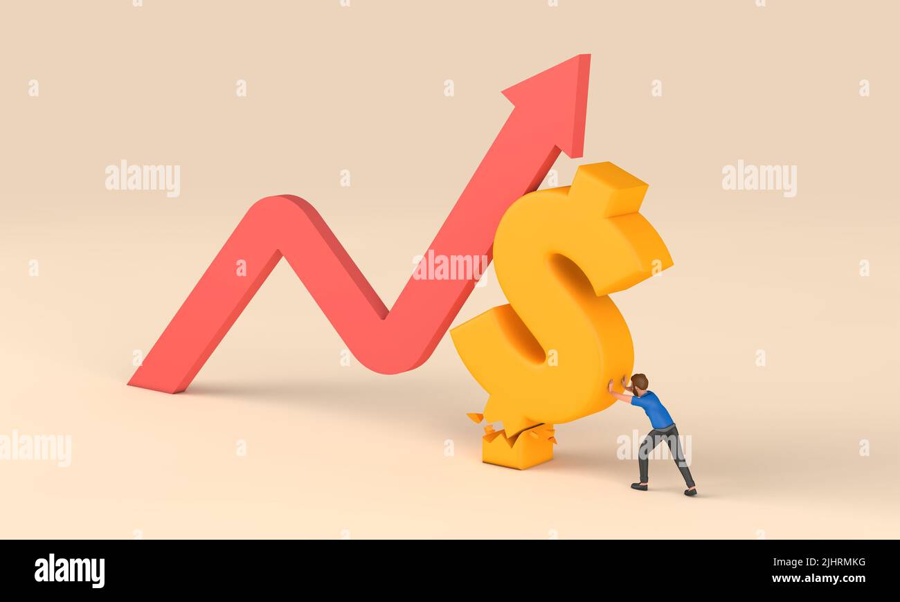Dollar sign being hit by rising inflation held up by a businessman. 3D ...