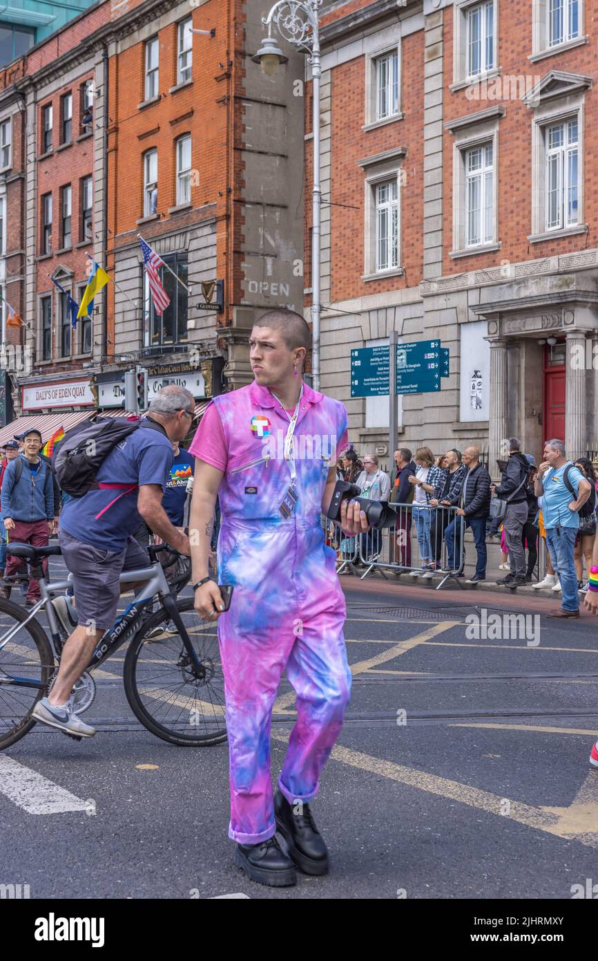 A guy with colorful outfit in the Pride festival in Dublin, Ireland ...