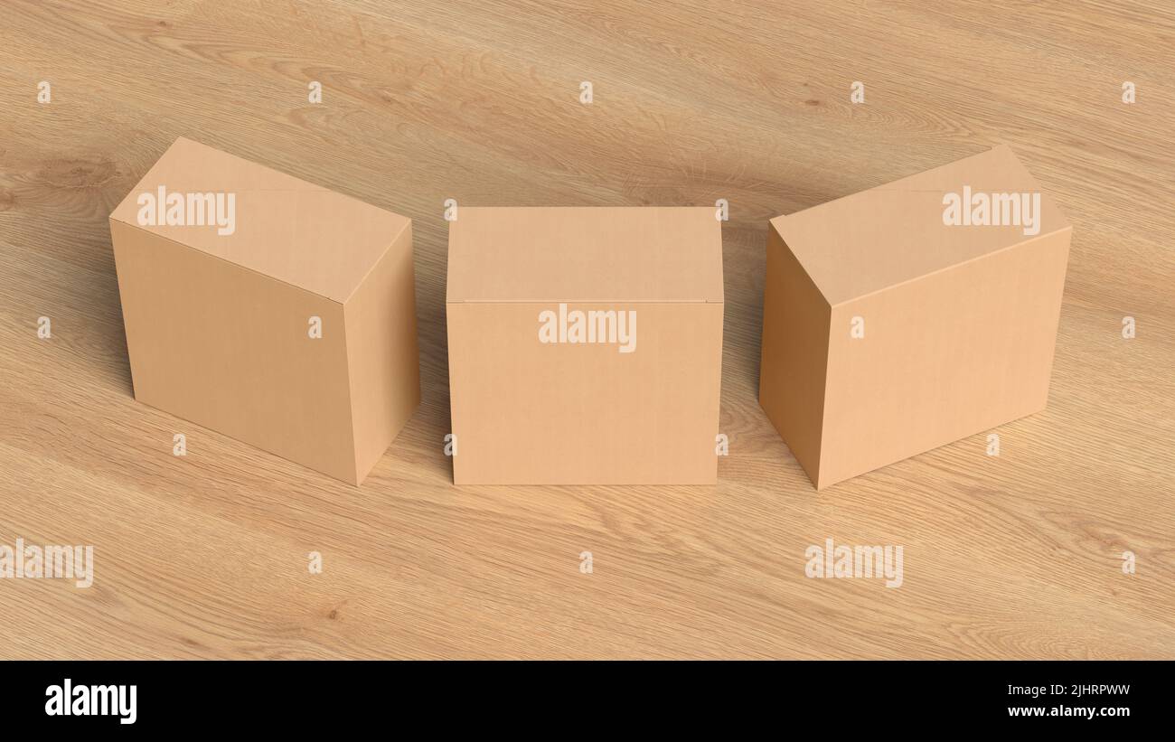 Three square boxes mock up. Cardboard gift boxes on wooden background ...
