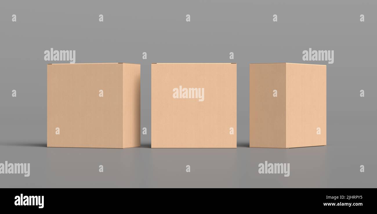 Three square boxes mock up. Cardboard gift boxes on gray background ...