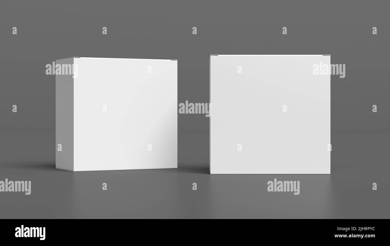 Two square boxes mock up. White gift boxes on gray background. Front ...
