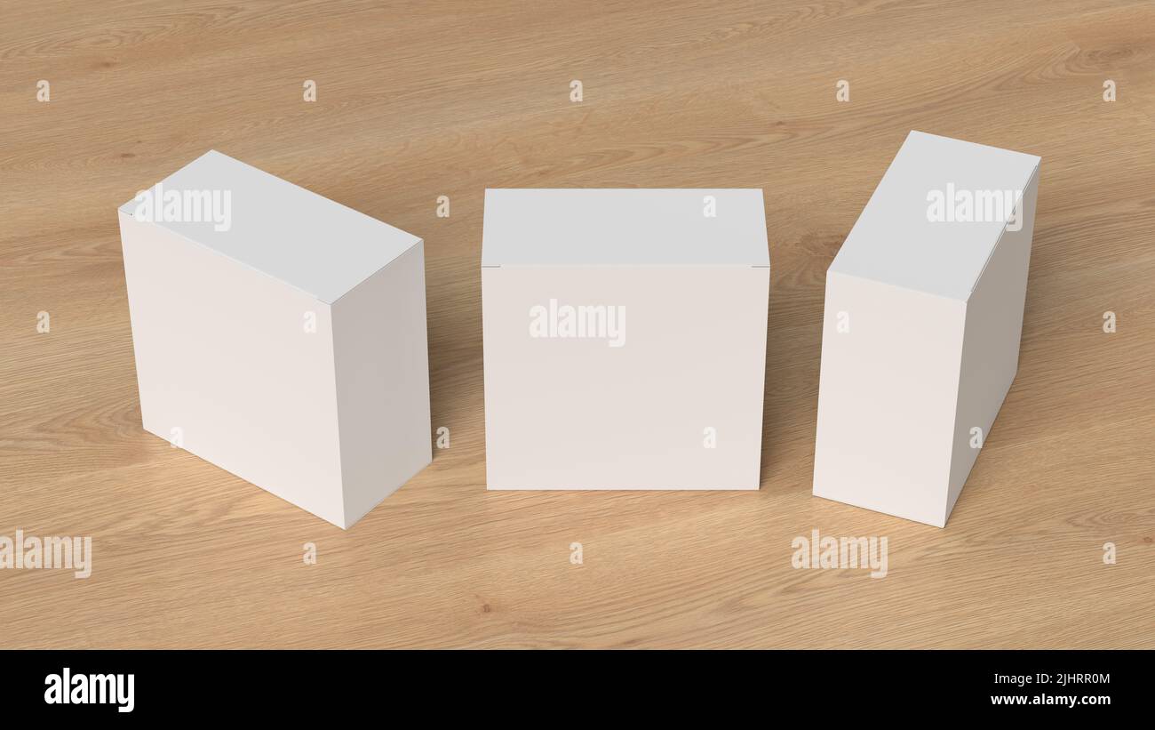 Three square boxes mock up. White gift boxes on wooden background ...