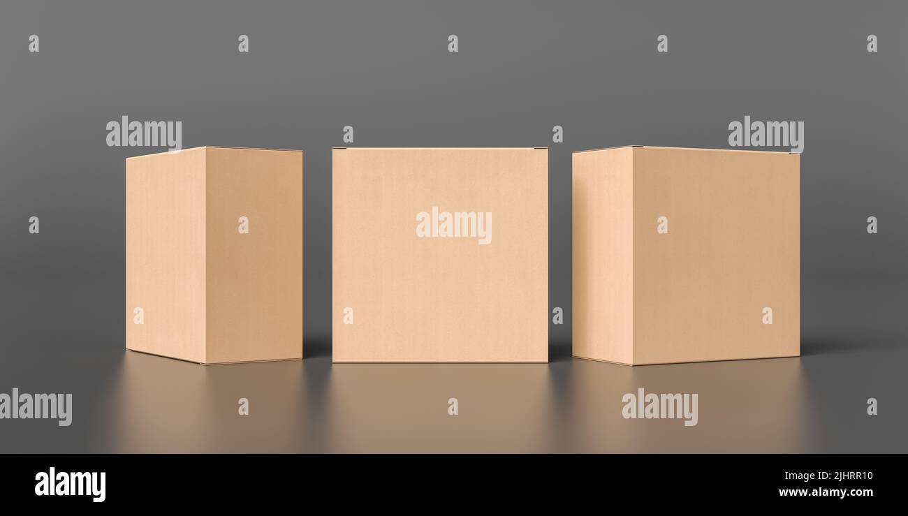 Three square boxes mock up. Cardboard gift boxes on black background ...