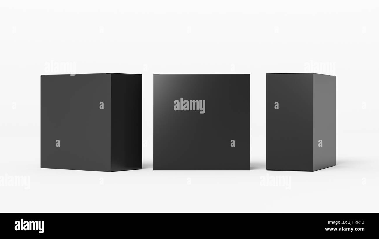 Three square boxes mock up. Black gift boxes on white background. Front ...