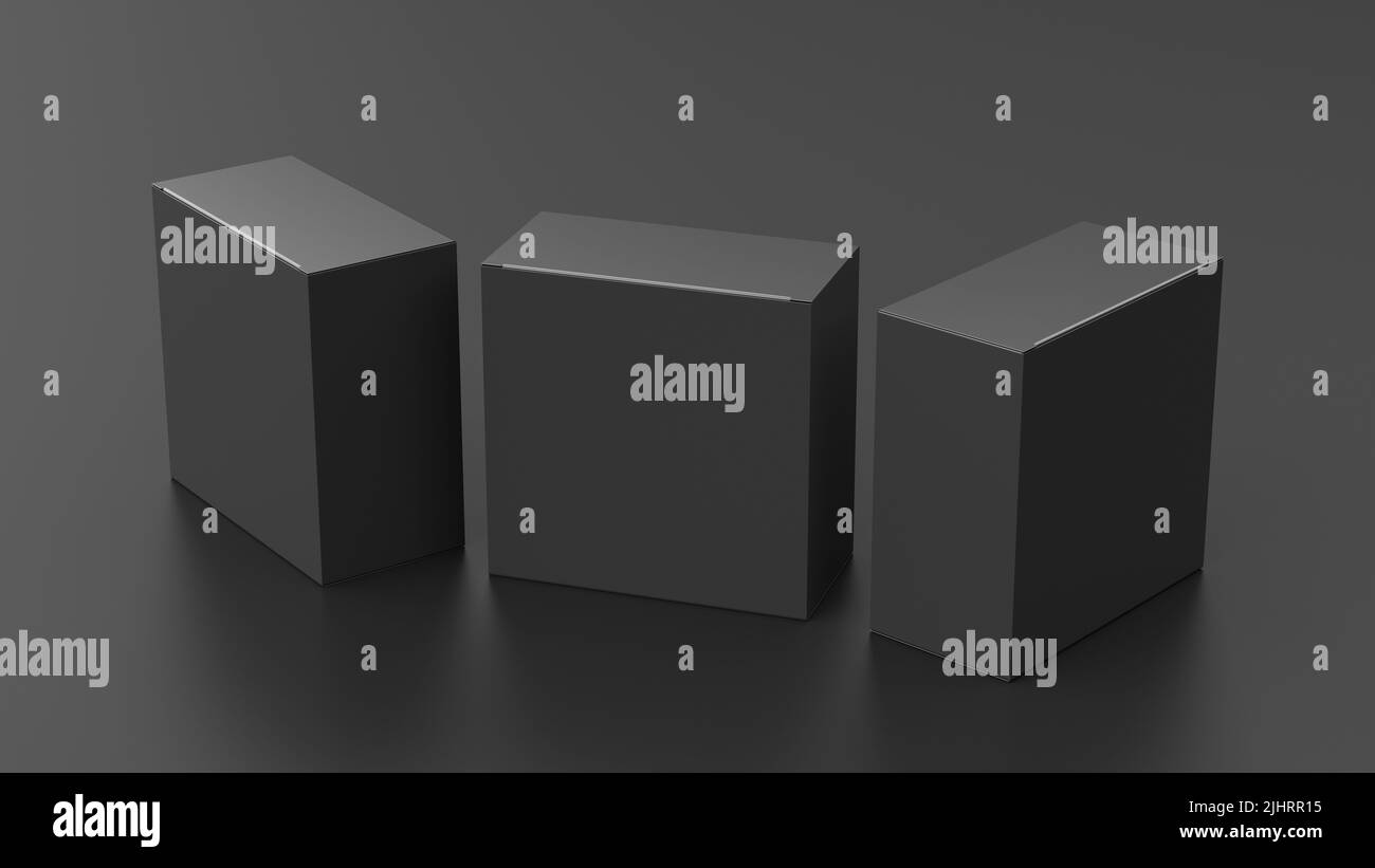 Three square boxes mock up. Black gift boxes on black background. Side ...