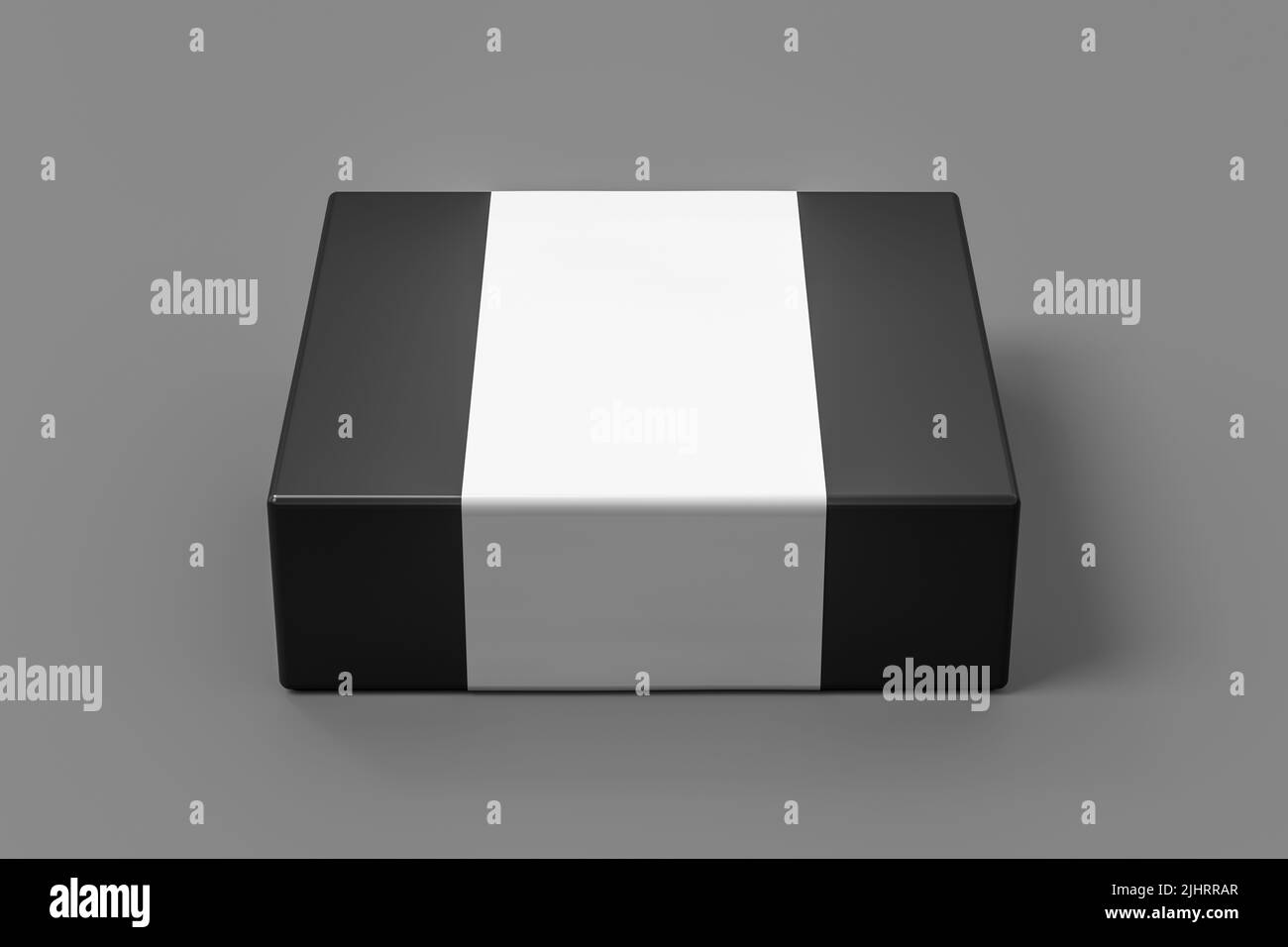 Square box mock up with blank paper cover label: Black gift box on gray ...