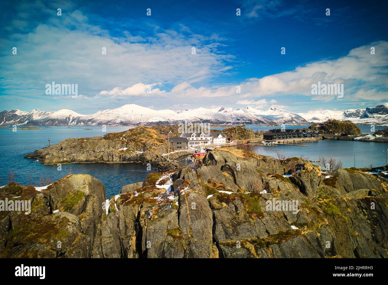A scenic view of Hamn i Senja hotel in Hamn, Norway in cloudy sky ...