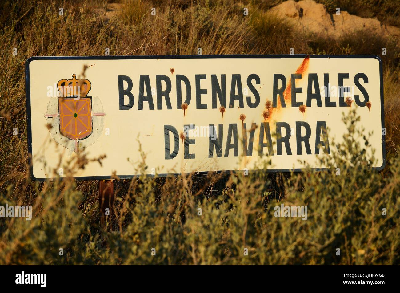 Road sign "Bardenas Reales de Navarra". Bardena Negra. Border area ...