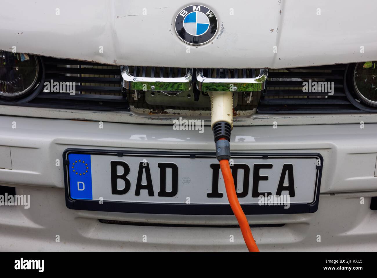 A close-up of electric vehicle conversion of a BMW 325 Stock Photo - Alamy